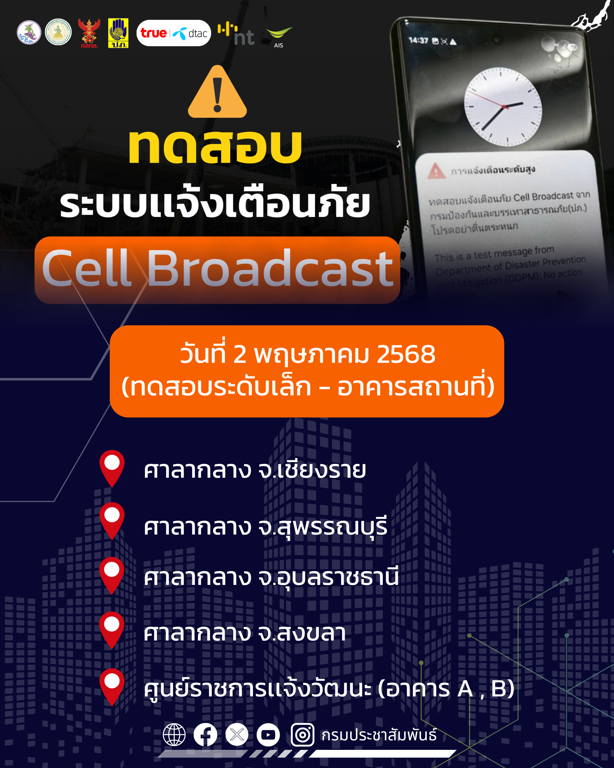 2 พ.ค. 68 ทดสอบแจ้งเตือนภัยผ่านระบบ Cell Broadcast 5 จังหวัด